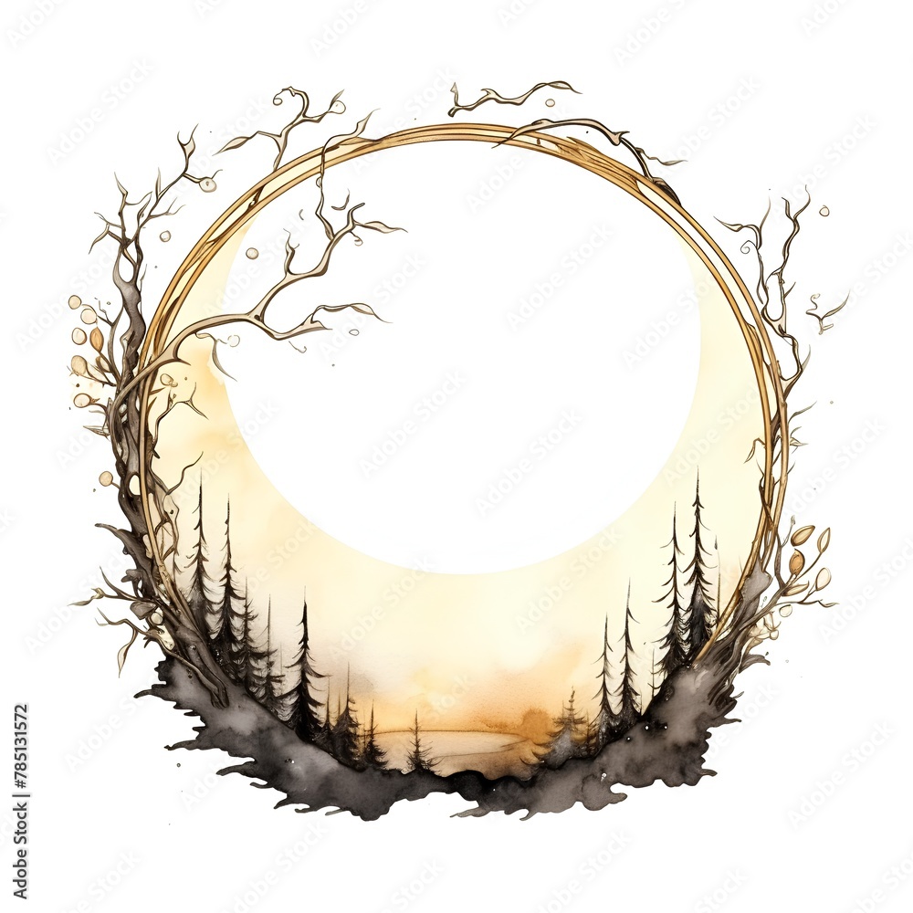 Watercolor hand drawn forest landscape with moon, trees and clouds ...