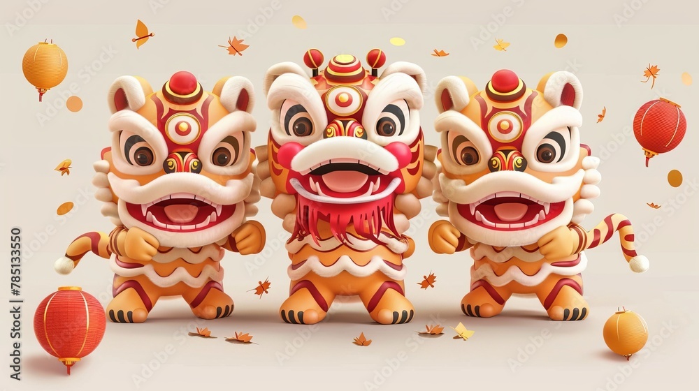 Tigers holding Chinese lion dance puppets and performing happily for ...
