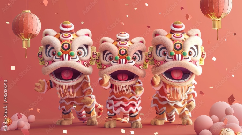 This image shows cute tigers holding Chinese lion dance puppets while ...