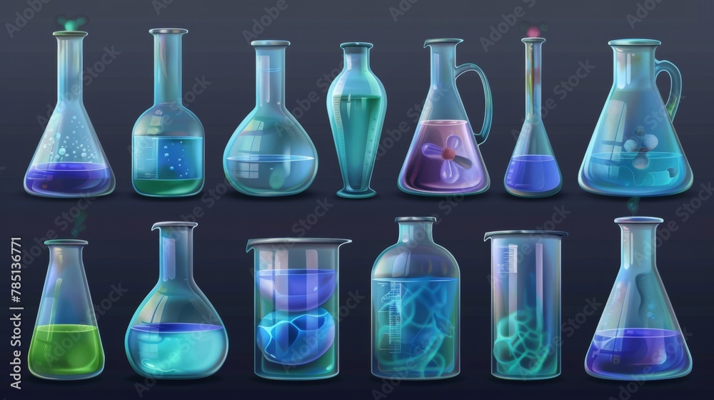 Detailed set of lab glassware isolated on transparent background ...