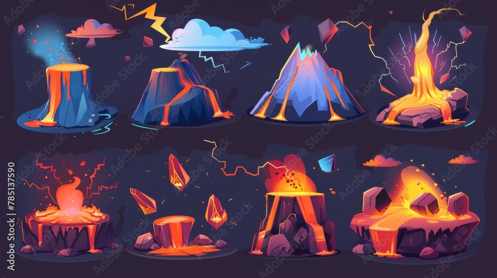 This is a modern cartoon illustration of a volcano eruption, flows of ...