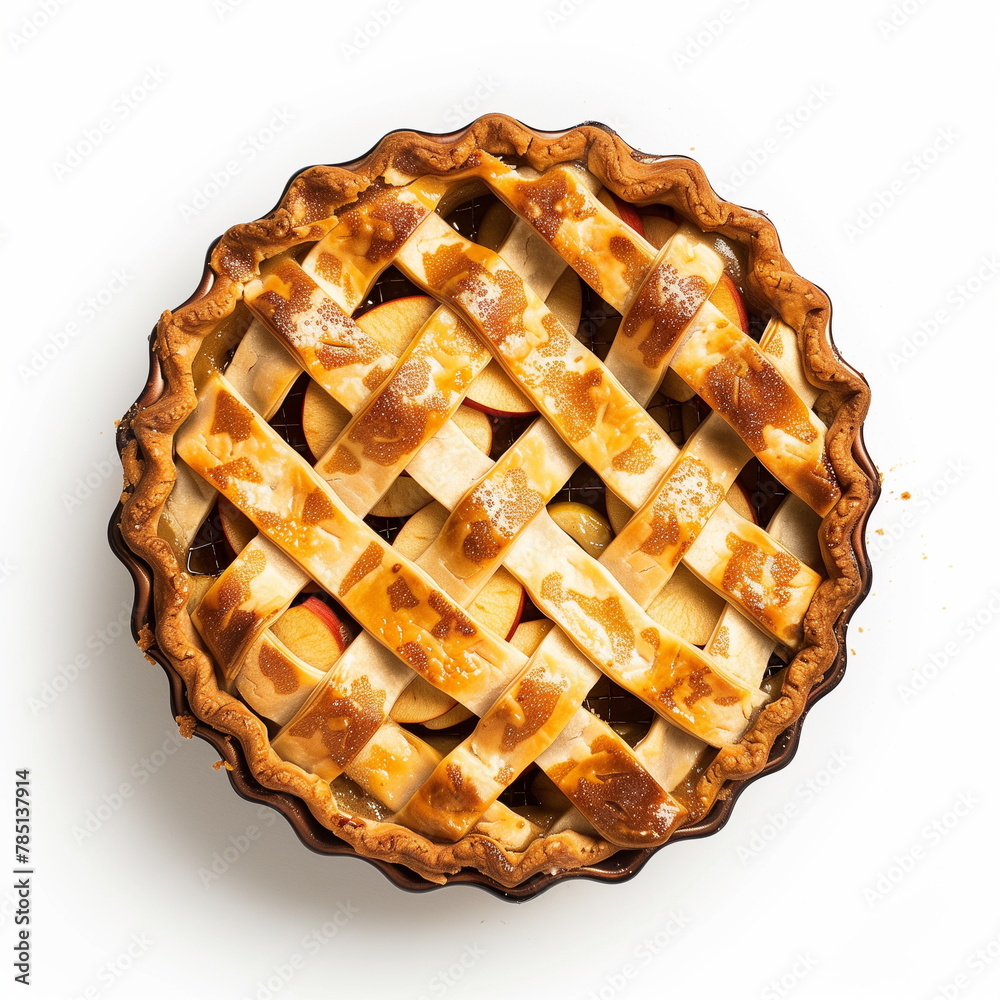 Crispy and golden baked apple pie. Top view, Flat lay, Isolated white ...