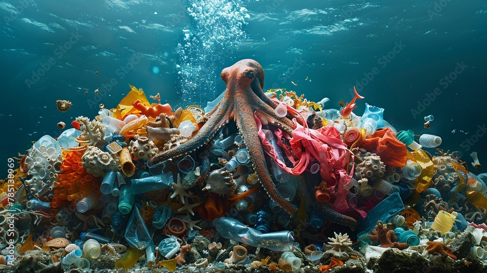 Design a powerful image of marine life tangled in plastic waste ...