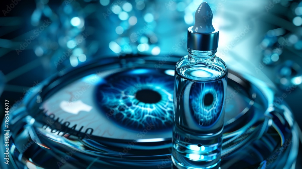 An eye drop banner advertisement. 3D illustration of a metallic eye ...