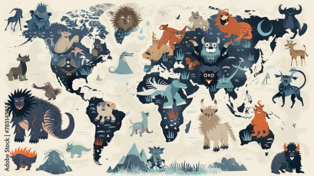 World Map of Cryptid Sightings with Stylized Creatures Stock Illustration | Adobe Stock