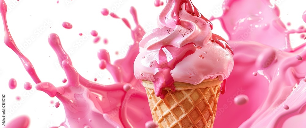 "Melting Pink Ice Cream Cone Splash on White Background" Stock ...