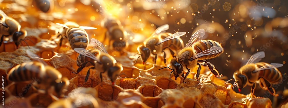Craft a digital photorealistic rendering of a busy beehive, emphasizing ...