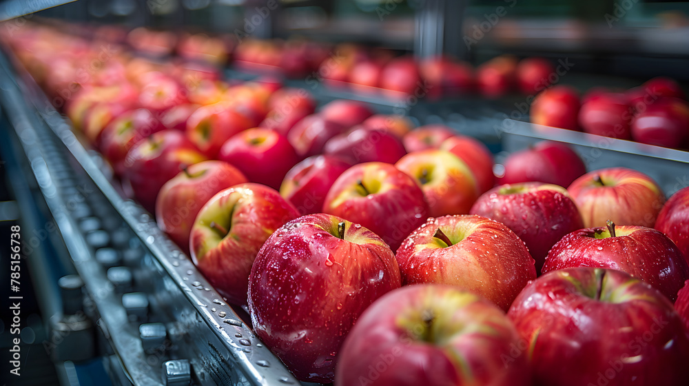 Apples in a food processing facility, clean and fresh, ready for ...