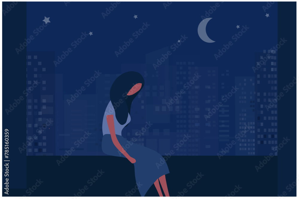 Sad and depressed woman hug her knee sitting on window.Unhappy and ...