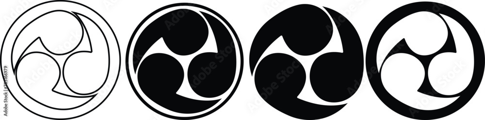 Shinto Japanese religion Hidari mitsudomoe symbol set. Tomoe comma ...
