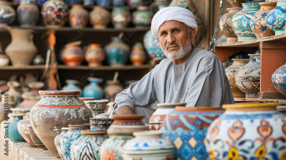Omani craftsman with traditional pottery at Nizwa Souq, showcasing ...