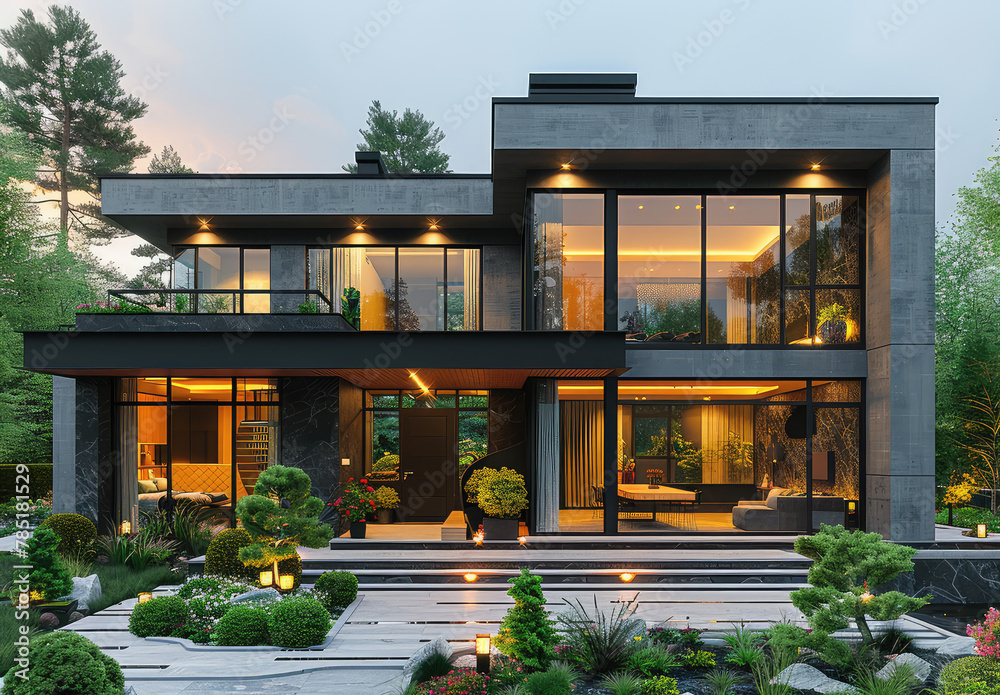 A modern two-story Miami home with large glass windows, featuring an ...