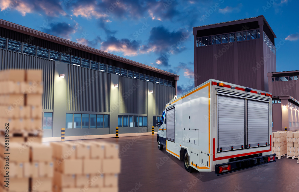 Logistics van near warehouse. Industrial zone in evening. Pallets with ...