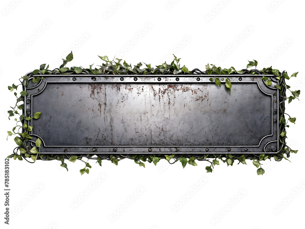 Weathered blank rusted metal sign overgrown with vines and foliage on a ...