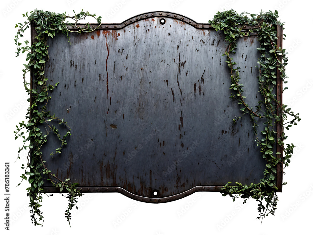 Weathered blank rusted metal sign overgrown with vines and foliage on a ...