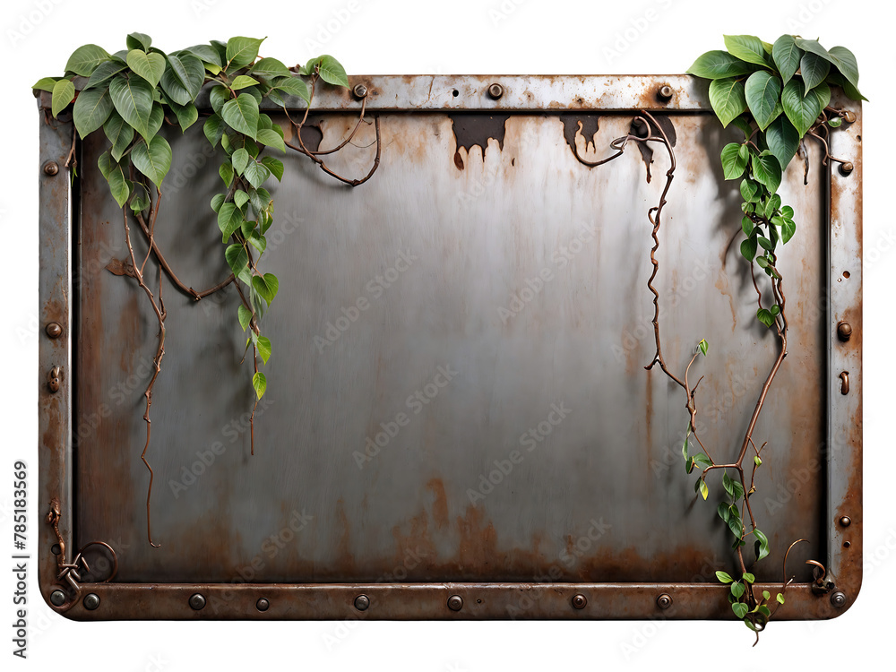 Weathered blank rusted metal sign overgrown with vines and foliage on a ...