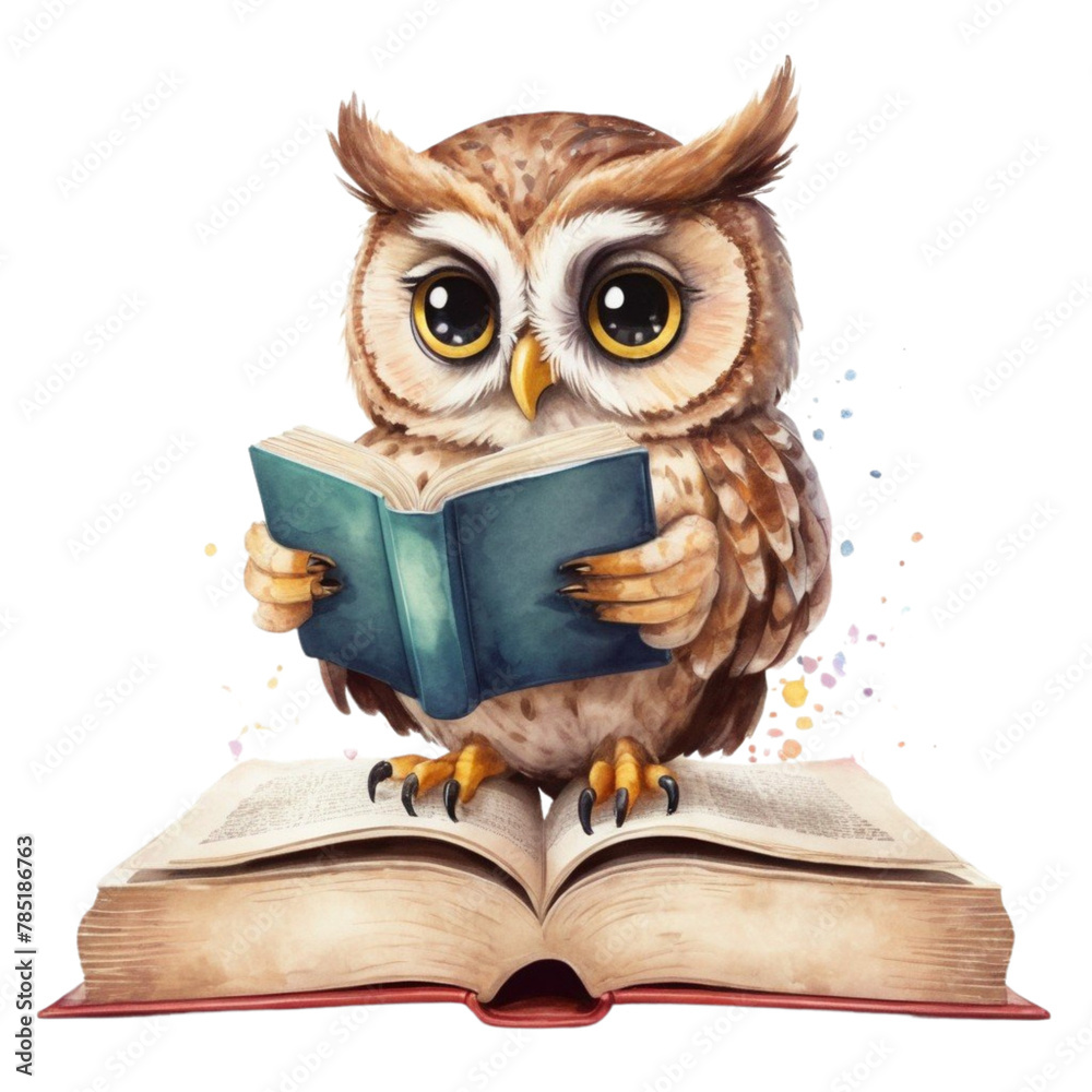 watercolor cute owl reading on top of an open book with flowers on ...