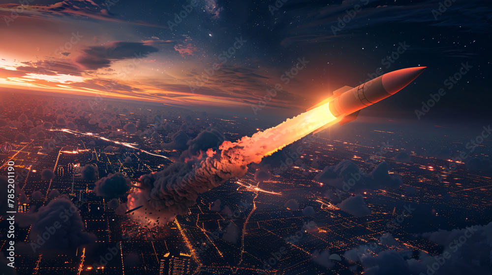 Cruise Missile Flight at Twilight Over Ocean Missile in Night Sky Over ...