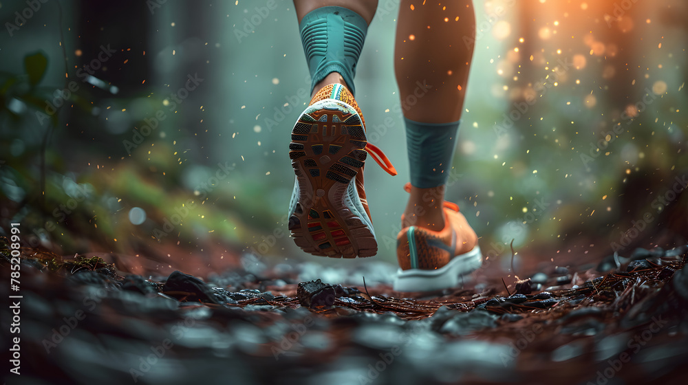 Lady trail runner walking on forest path with close up of trail running ...