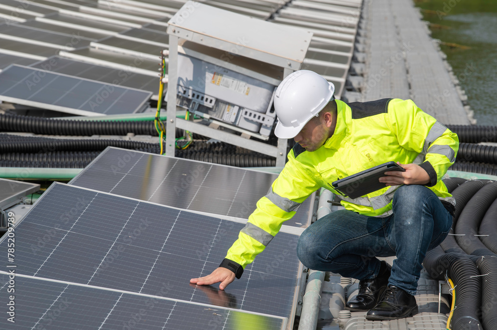 Engineer working at floating solar farm,checking and maintenance with ...