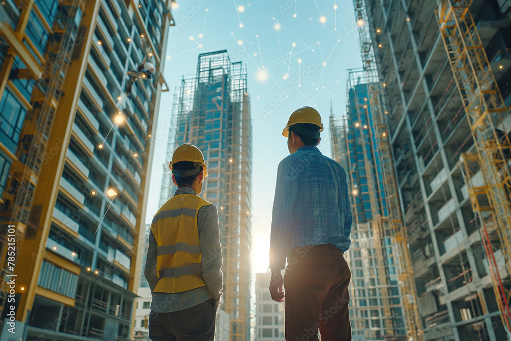 Two person civil engineer with Augmented reality 3d technology dot ...