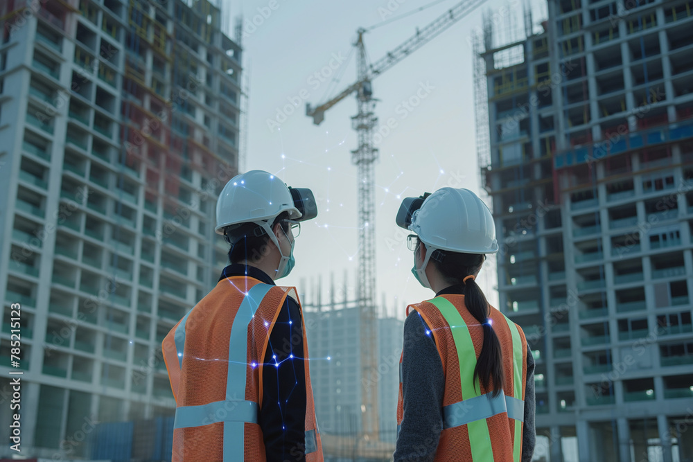 Two person civil engineer with Augmented reality 3d technology dot ...