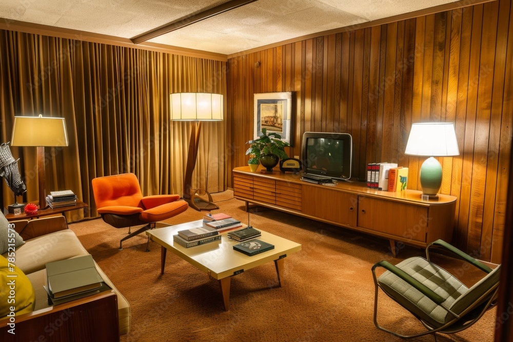 Mid-century modern study room with vintage furniture and wooden panel ...