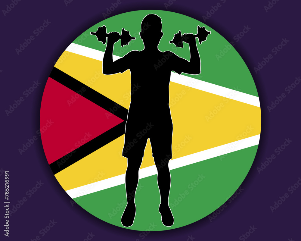 Athlete with dumbbells front of Guyana flag, bodybuilder silhouette ...