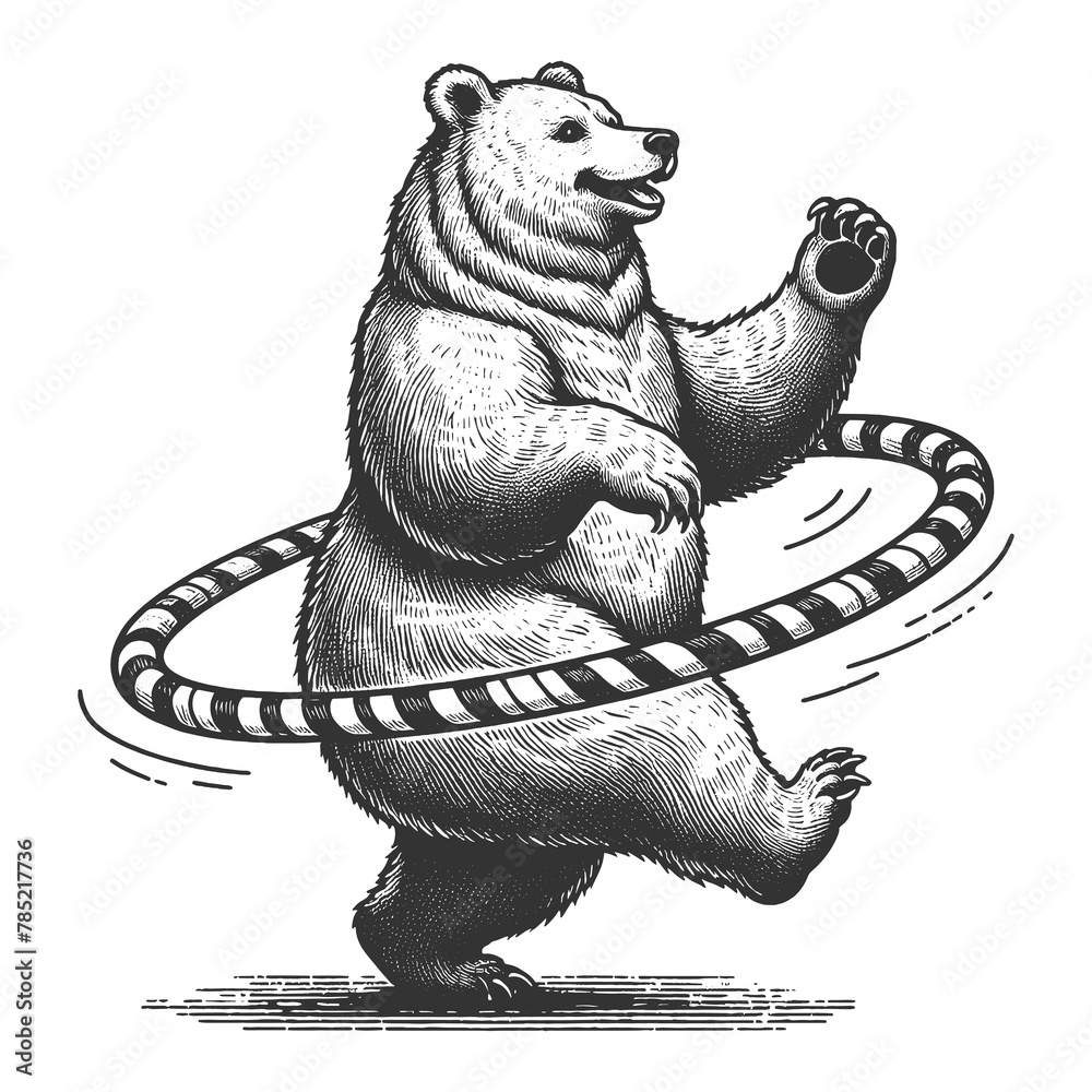 Circus bear skillfully hula hooping, captured in a detailed black and ...