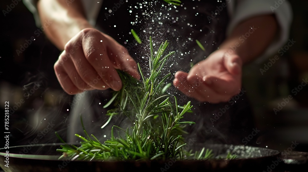 Chef's hands crushing fresh rosemary leaves to infuse flavor into a ...