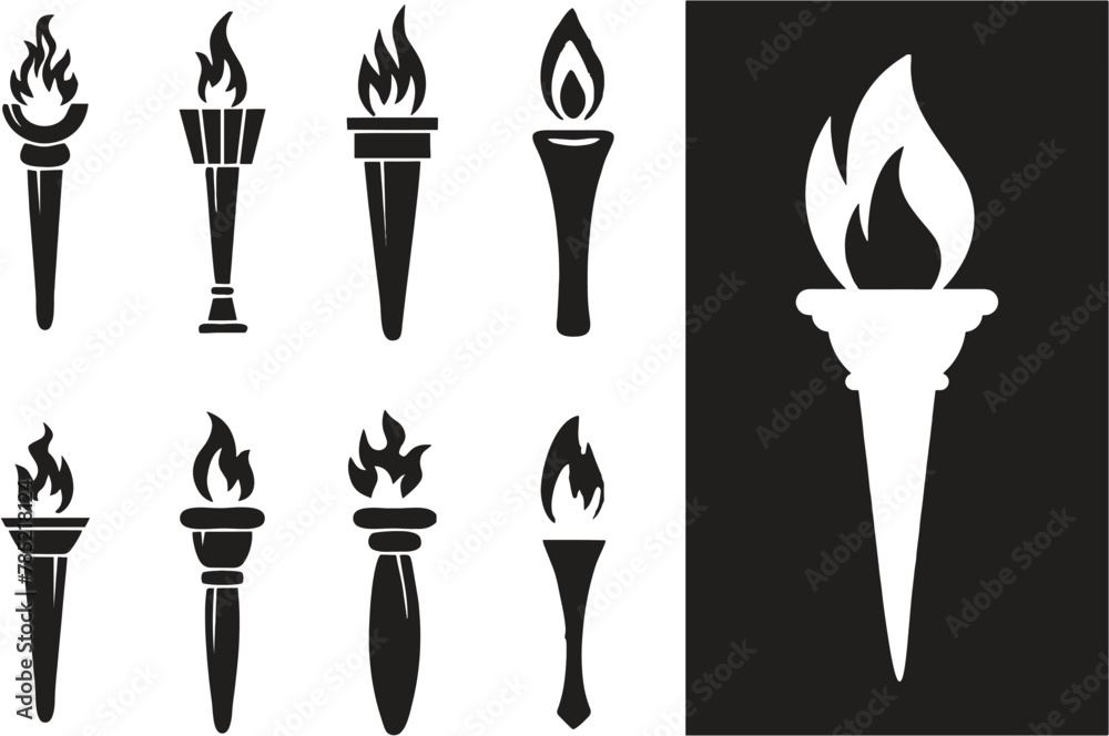 Vetor de Set of traditional ancient Greek torch icons. Greece runner ...