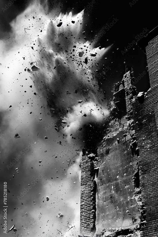 motion of a wrecking ball demolishing a brick building, creating a ...