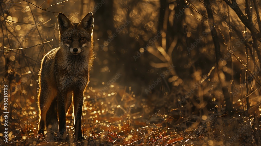 Surreal fox outline, dense forest backdrop, close-up, ground-level shot ...