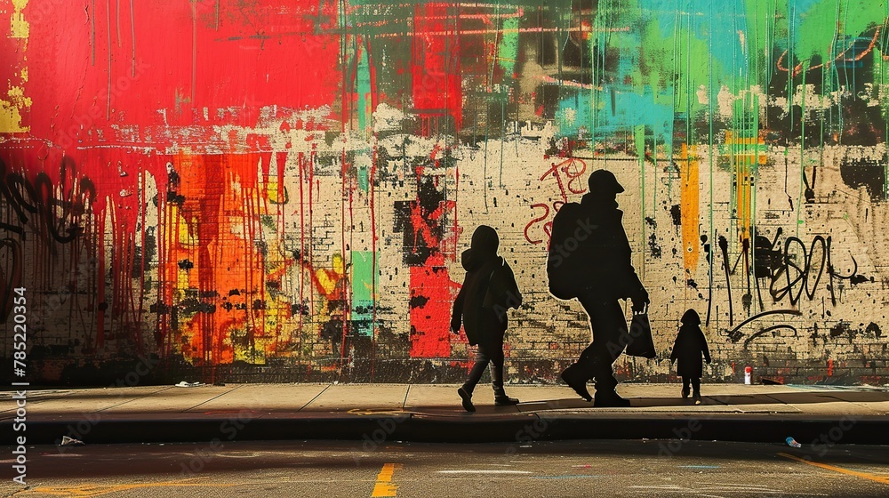Bold graffiti covers weathered brick walls, juxtaposed with harsh ...