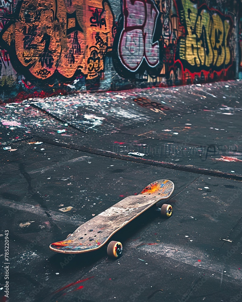 Stark contrast of a cleanly severed skateboard deck lying on a gritty ...