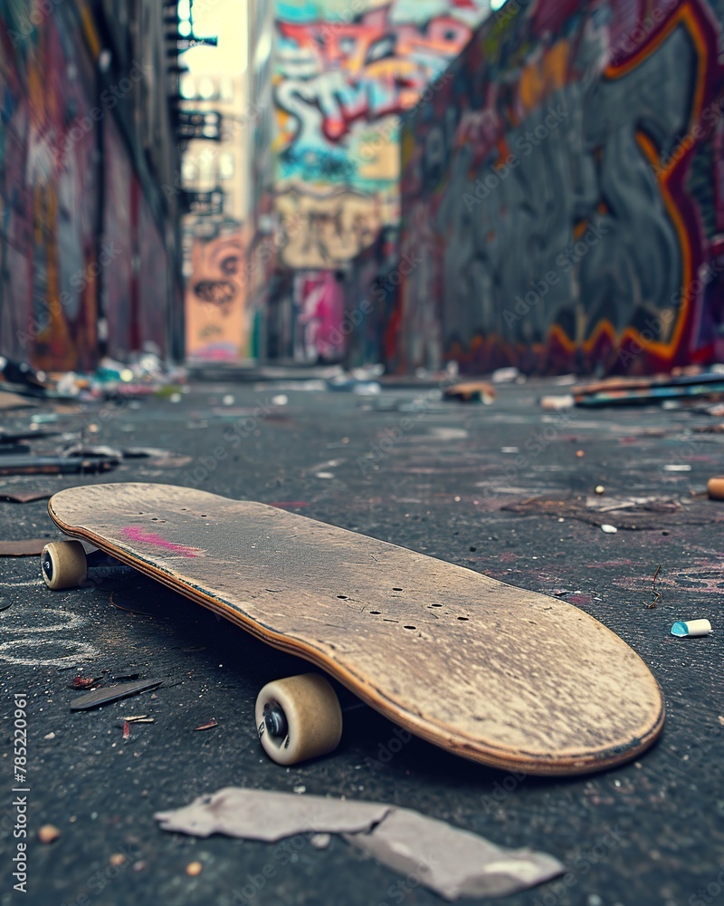 Stark contrast of a cleanly severed skateboard deck lying on a gritty ...