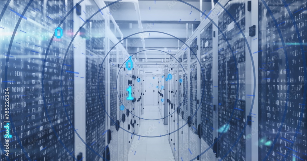 Image Of Loading Circles Over Binary Codes Moving Between Server Racks At Data Center Stock