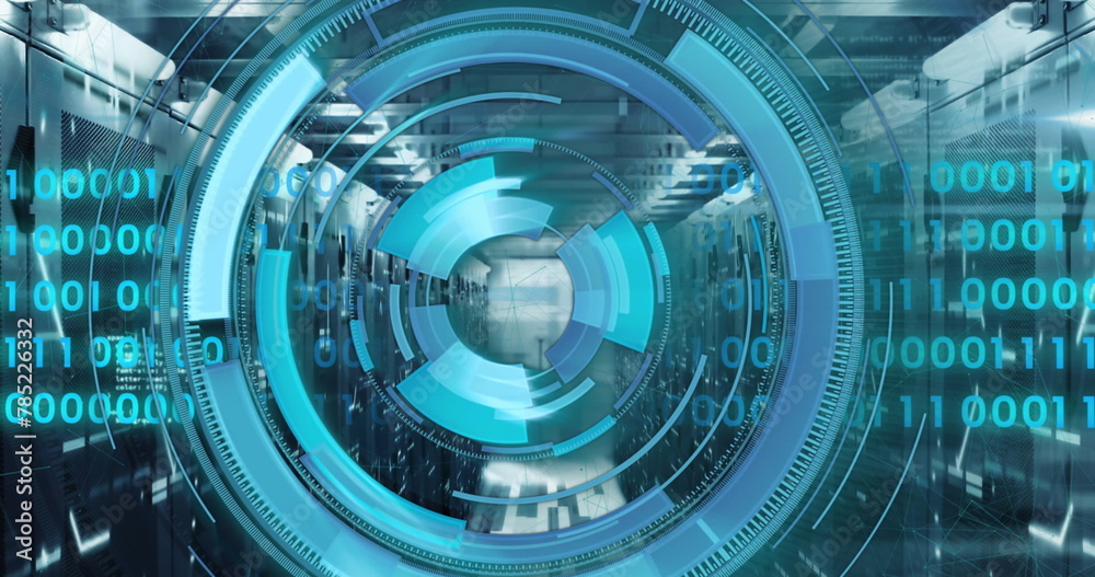 Image of loading circles over binary codes against bars on server room Stock Illustration ...