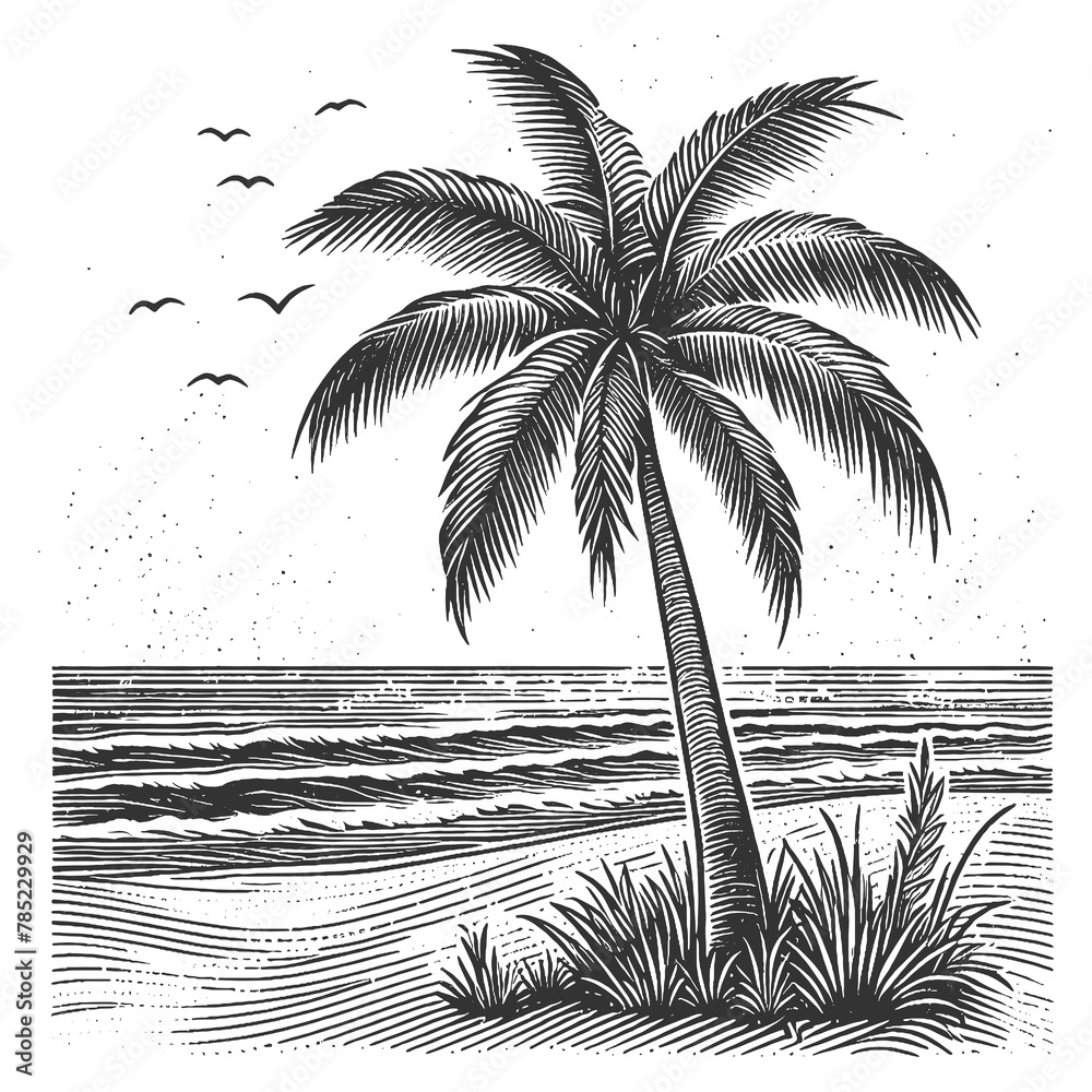 Palm tree on a summer beach with distant birds and ocean waves, in ...