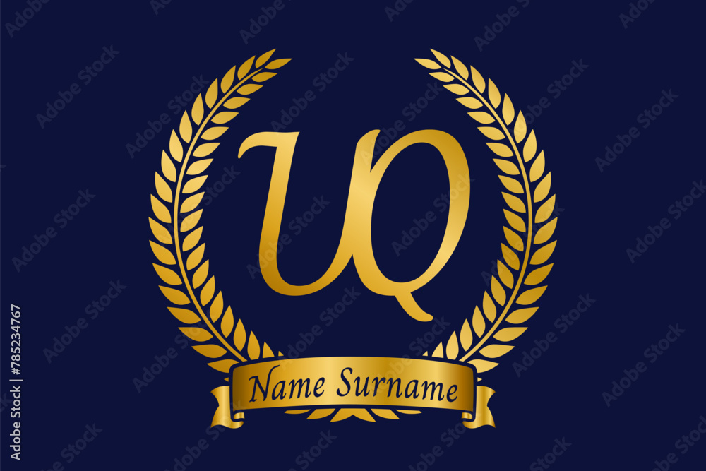 Initial letter U and Q, UQ monogram logo design with laurel wreath ...