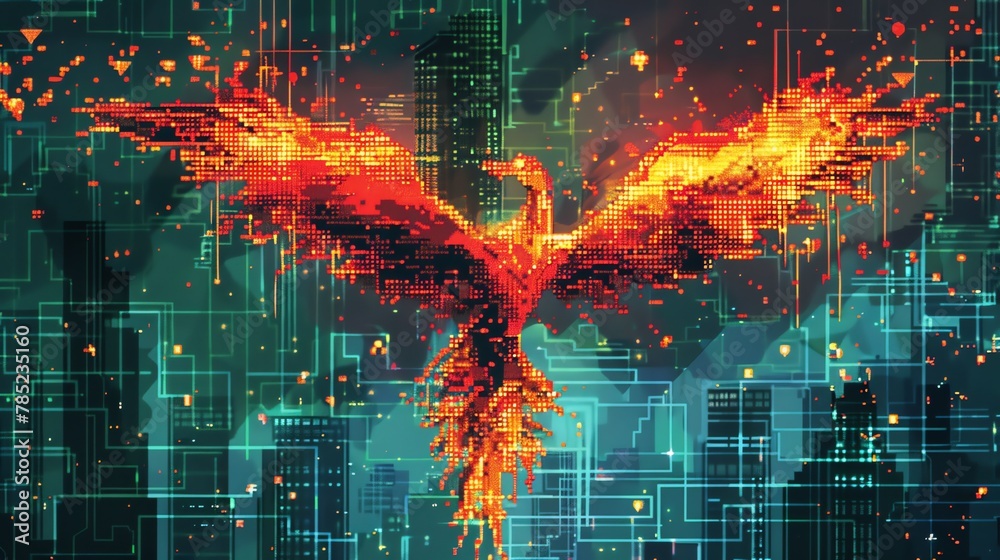Craft a pixel art representation of a mystical phoenix rising from ...