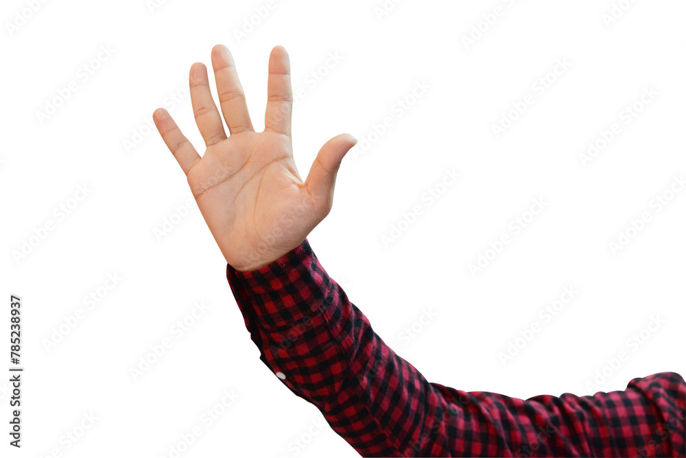 Man Waving Hand on the transparent background in red shirt with hand in ...