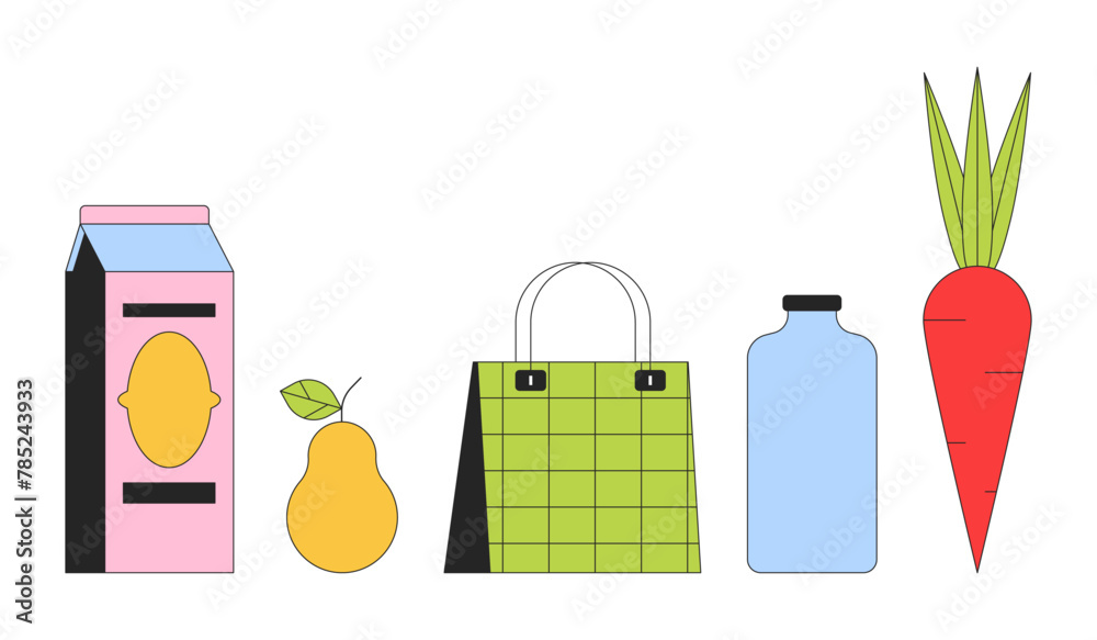 Grocery goods 2D linear cartoon objects set. Supermarket food and drink ...