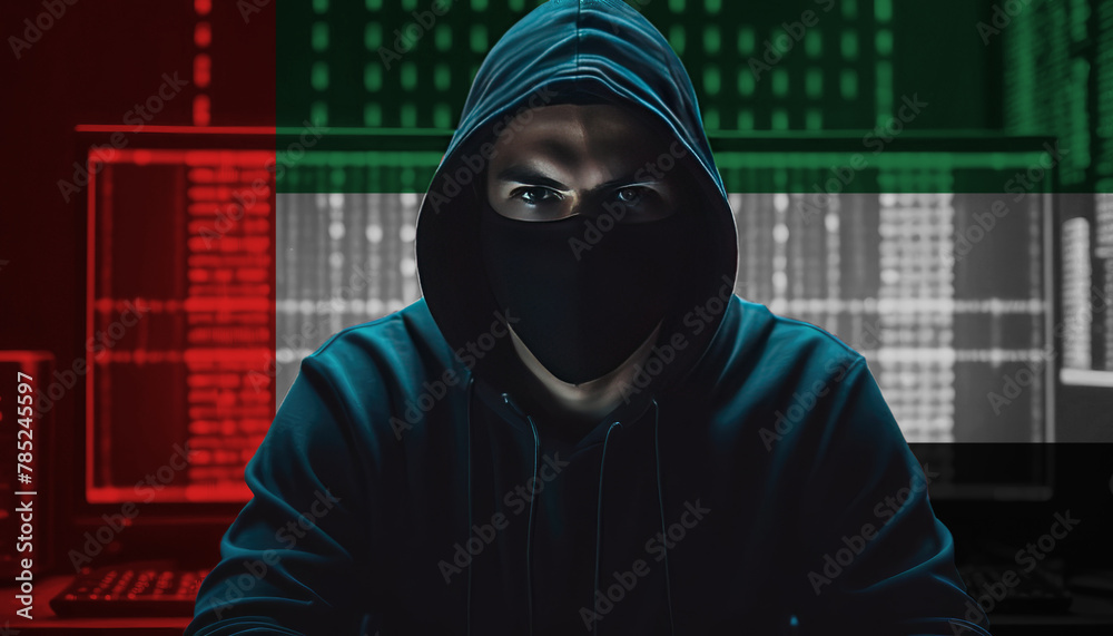 Hacker in a dark hoodie sitting in front of a monitors with United Arab ...