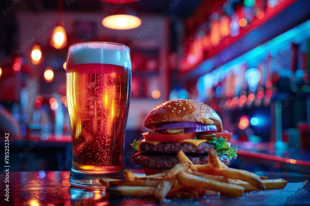 Tempting burger and beer combo in electrifying neon-lit pub setting ...