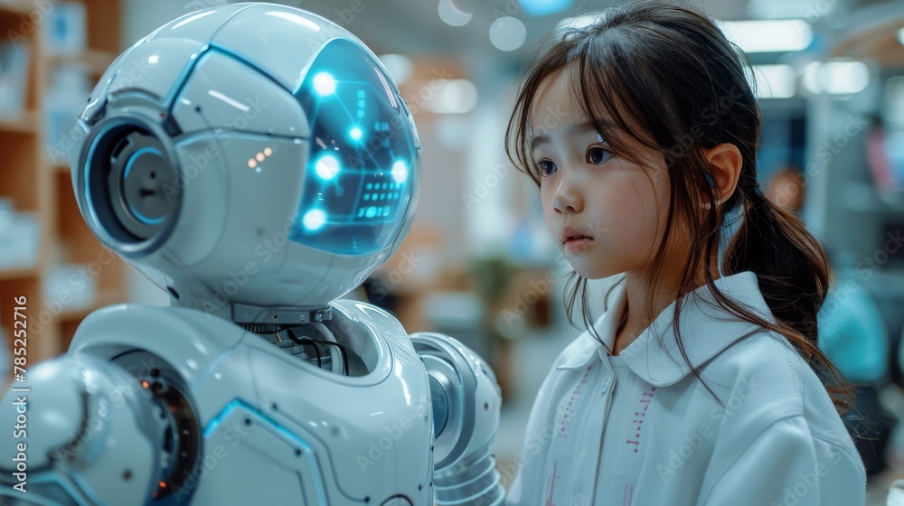 Child interacting with advanced humanoid robot in a modern setting ...