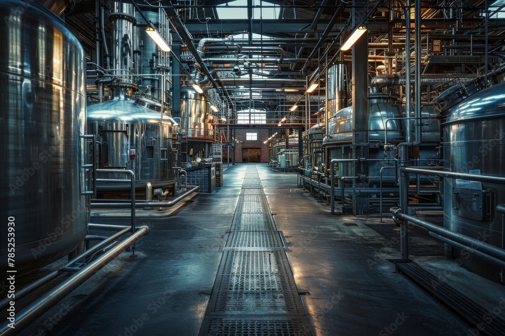 Modern distillery with stainless steel vats in industrial setting Stock ...