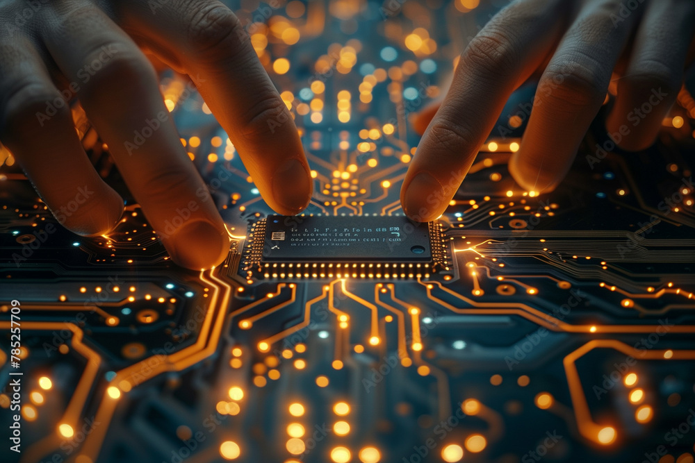 Foto de Hand showing electronic circuit board chip, world of cutting ...