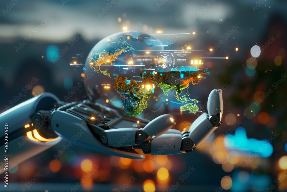 Futuristic robot travel agent showing a digital world map with glowing ...