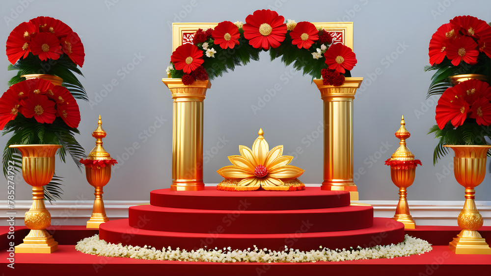 cultural celebration Red color and 3d podium with flower decoration ...